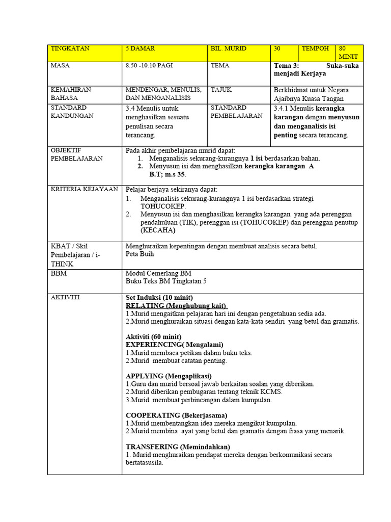 Contoh RPH BM Ting. 5 | PDF | Kajian Bahasa Asing