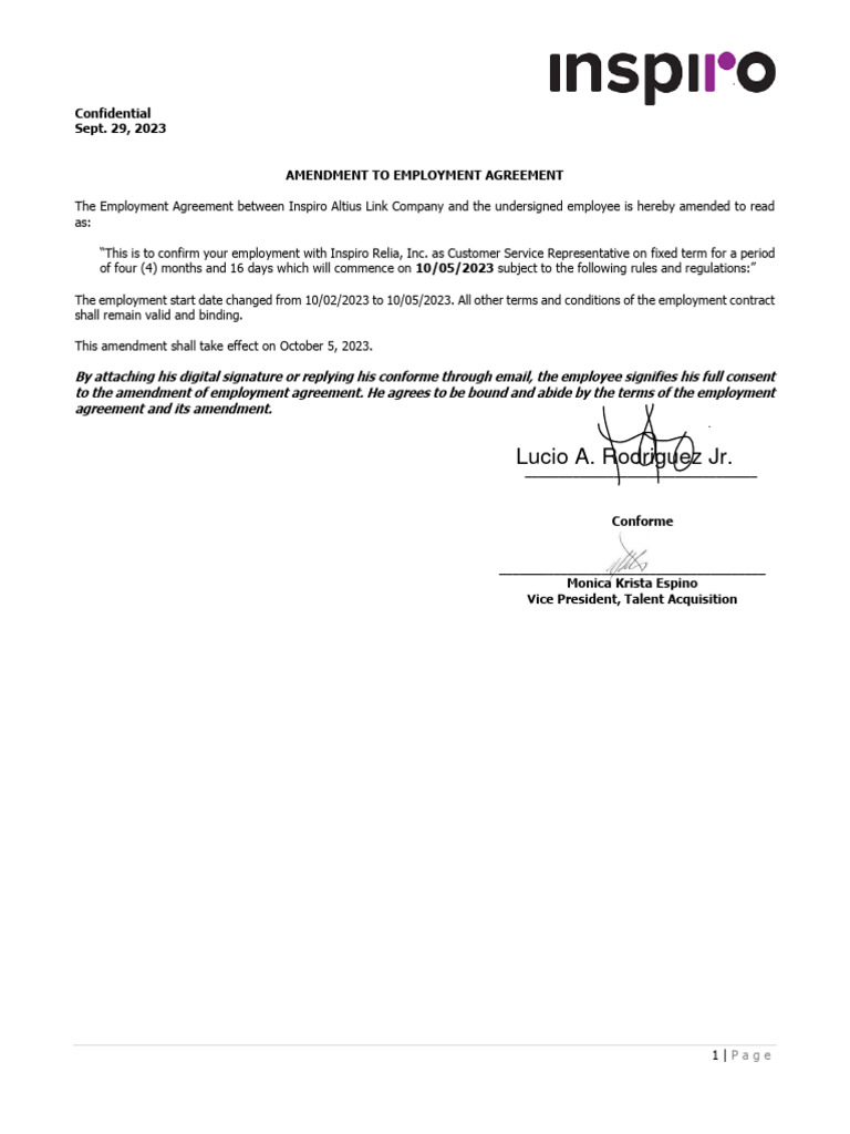 Employment Contract Amendment of Start Date | PDF