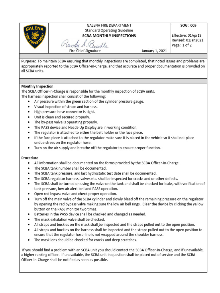 SOG 009 SCBA Monthly Inspections | PDF | Safety | Occupational Safety ...
