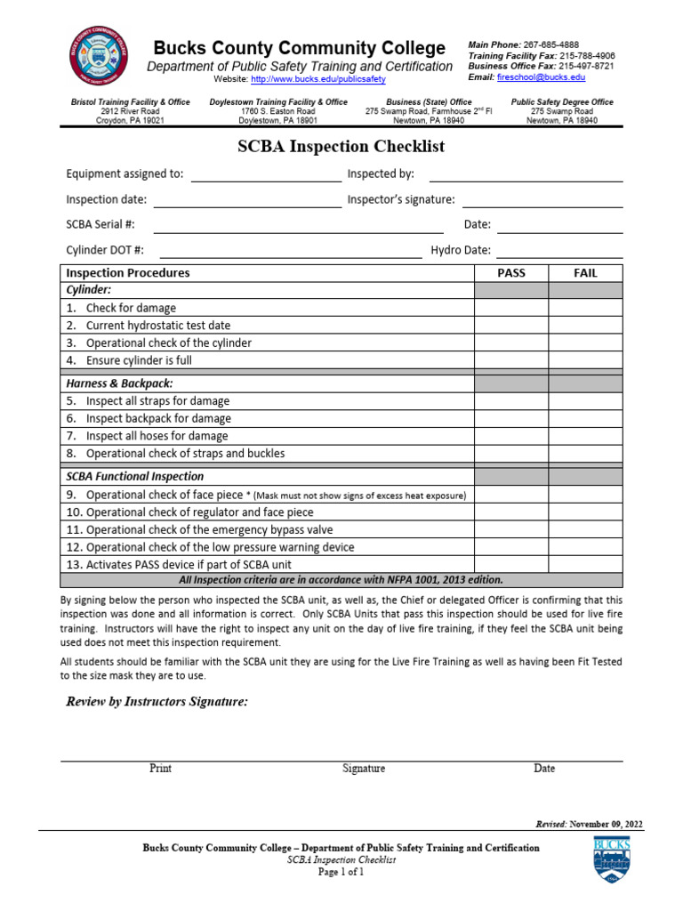 SCBA Inspection Checklist | PDF | Safety | Occupational Safety And Health