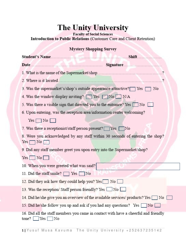 Mystery Shopping Survey | PDF | Supermarket