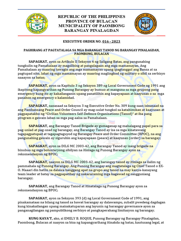 #16 Executive Order - Appointing Brgy. Tanod 2023-2025 | PDF