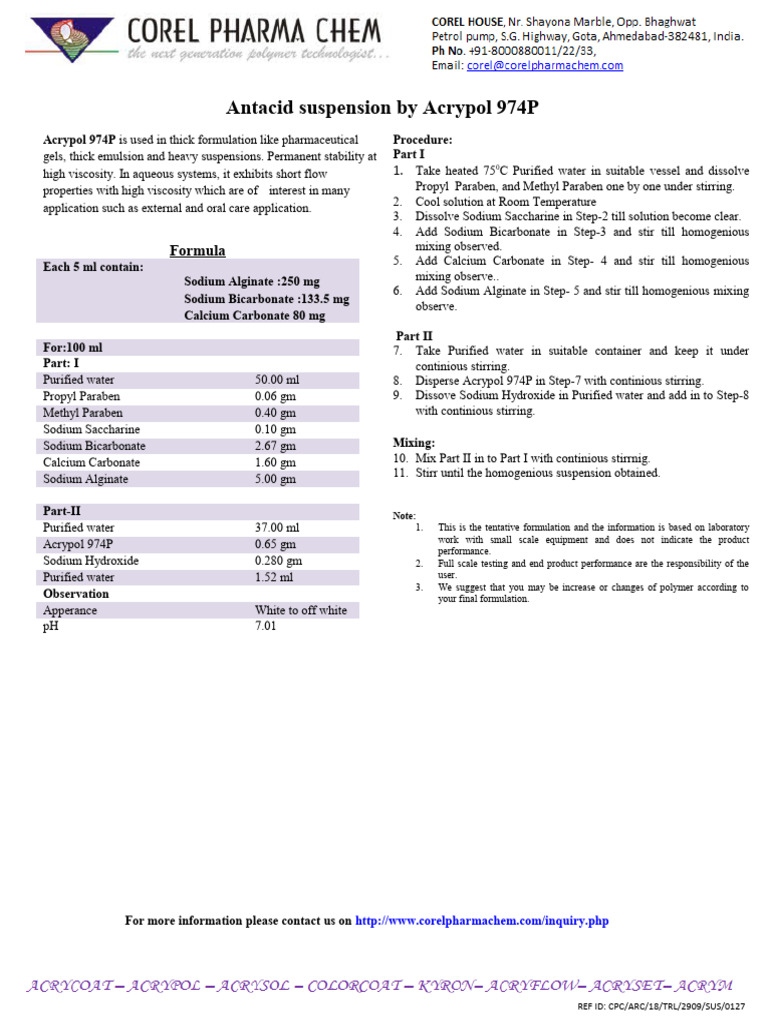 Antacid Suspension Formula with Acrypol | PDF | Purified Water | Sodium
