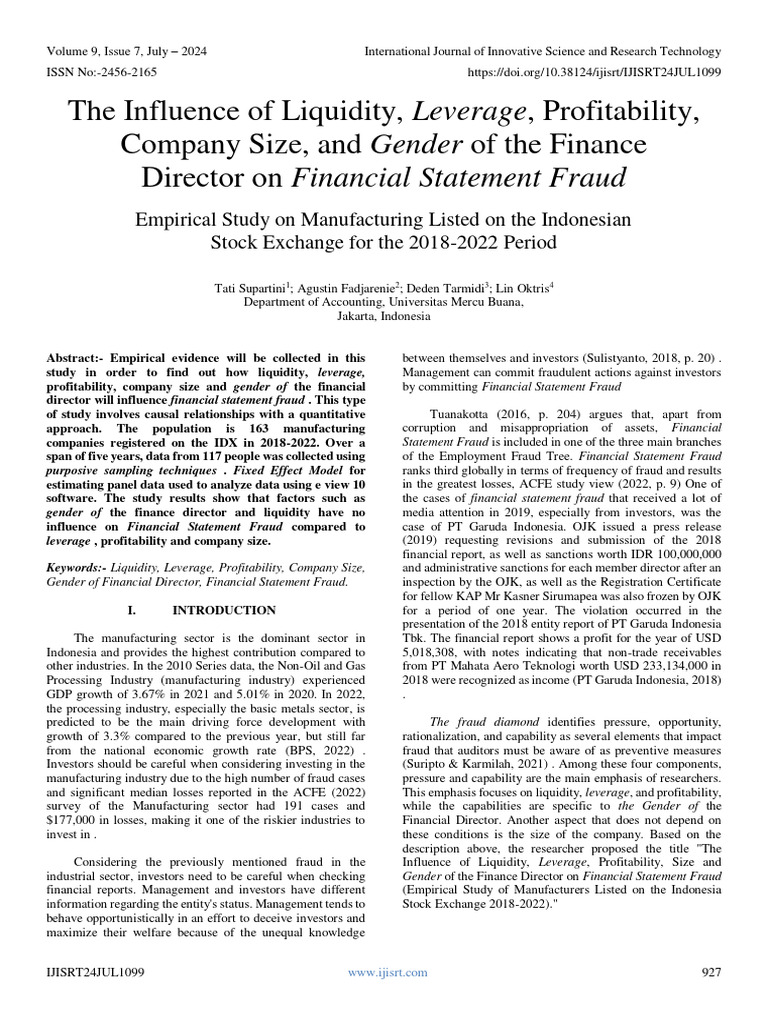 The Influence of Liquidity, Leverage, Profitability, Company Size, and Gender of The Finance ...