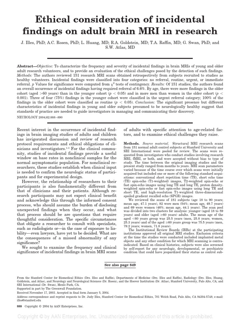 Illes, J Et Al (2004) - Ethical Consideration of Incidental Findings On ...