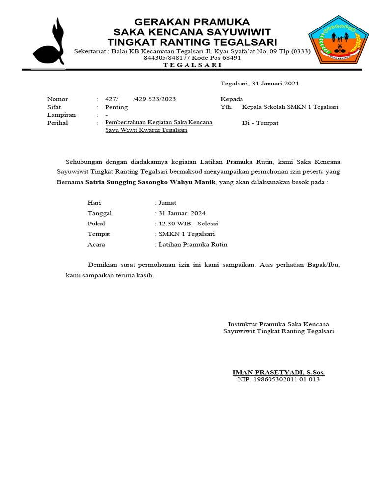 Surat Izin Kegiatan Pramuka Saka Kencana | PDF