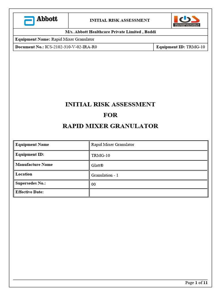Initial Risk Assessment FOR Rapid Mixer Granulator | PDF | Law ...