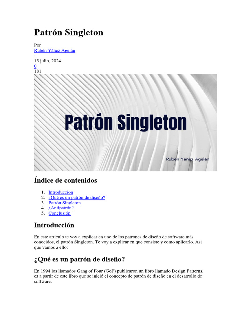 Patrón Singleton | PDF | Patrón de diseño de software | Ingeniería de Sistemas