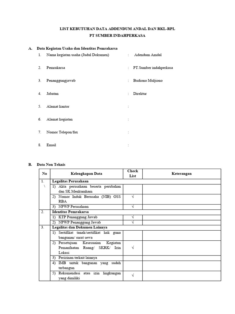 List Kebutuhan Data Addendum ANDAL Dan RKL-RPL PT SIP | PDF