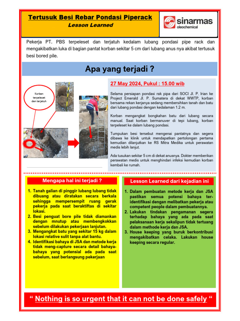 Lesson Learned Accident - Tertusuk Besi Rebar Pondasi Piperack | PDF