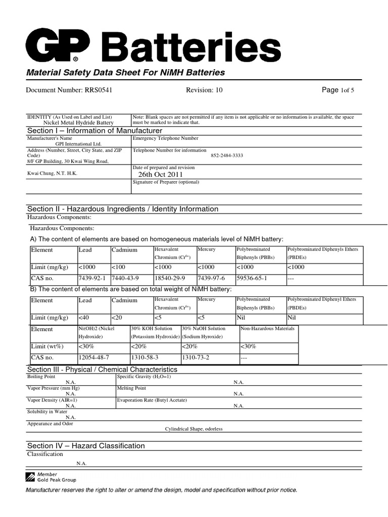 MSDS For Mi-MH Batteries | PDF | Chemical Elements