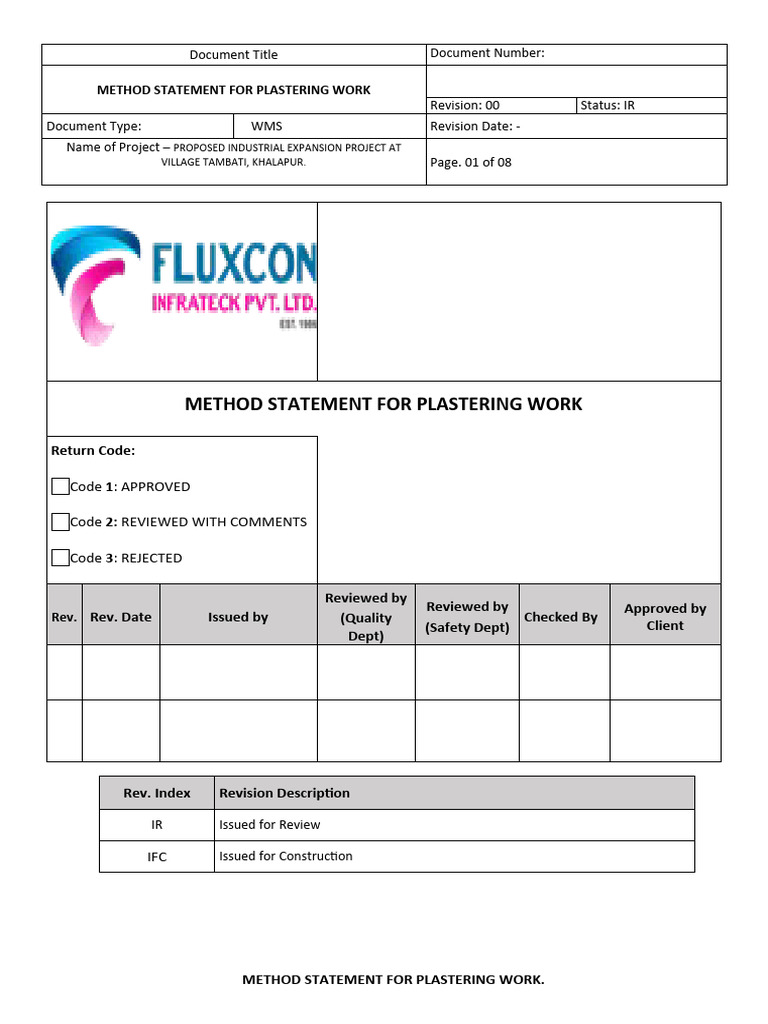 1 Wms-Method Statement For Plaster Work | PDF | Plaster | Mortar (Masonry)