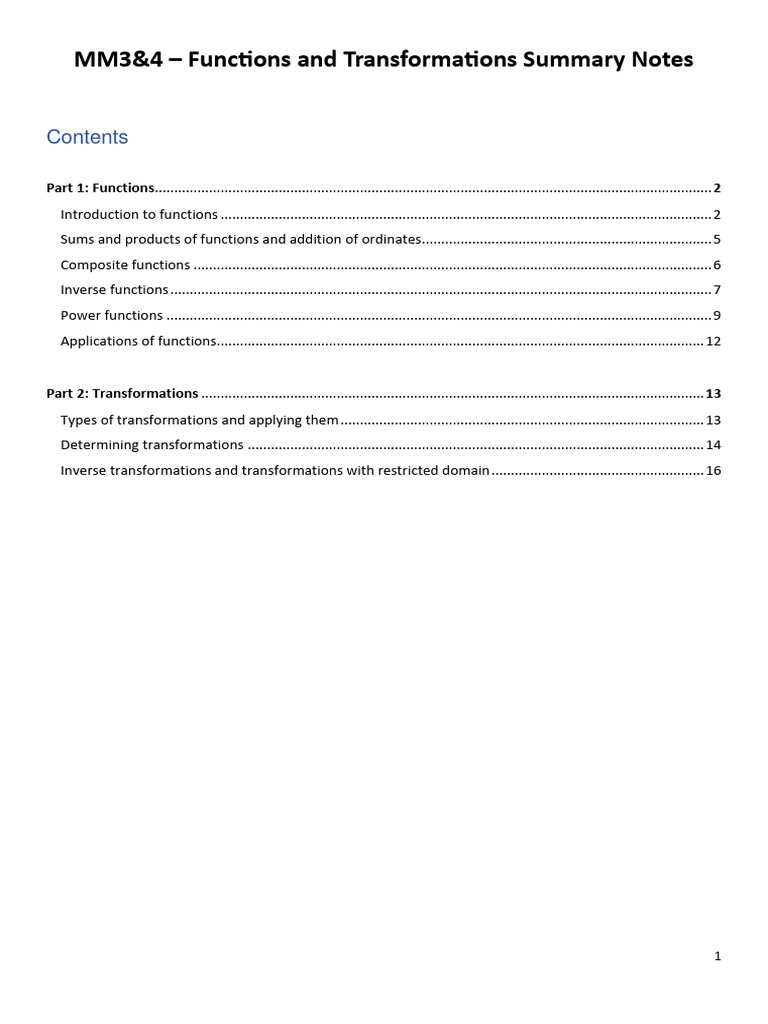 Functions and Transformations Overview | PDF | Function (Mathematics ...