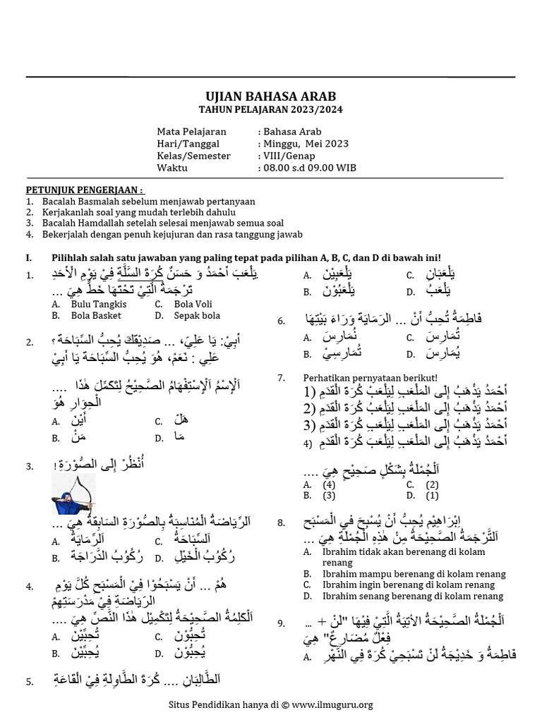 Soal Bahasa Arab Kelas 8 VIII | PDF