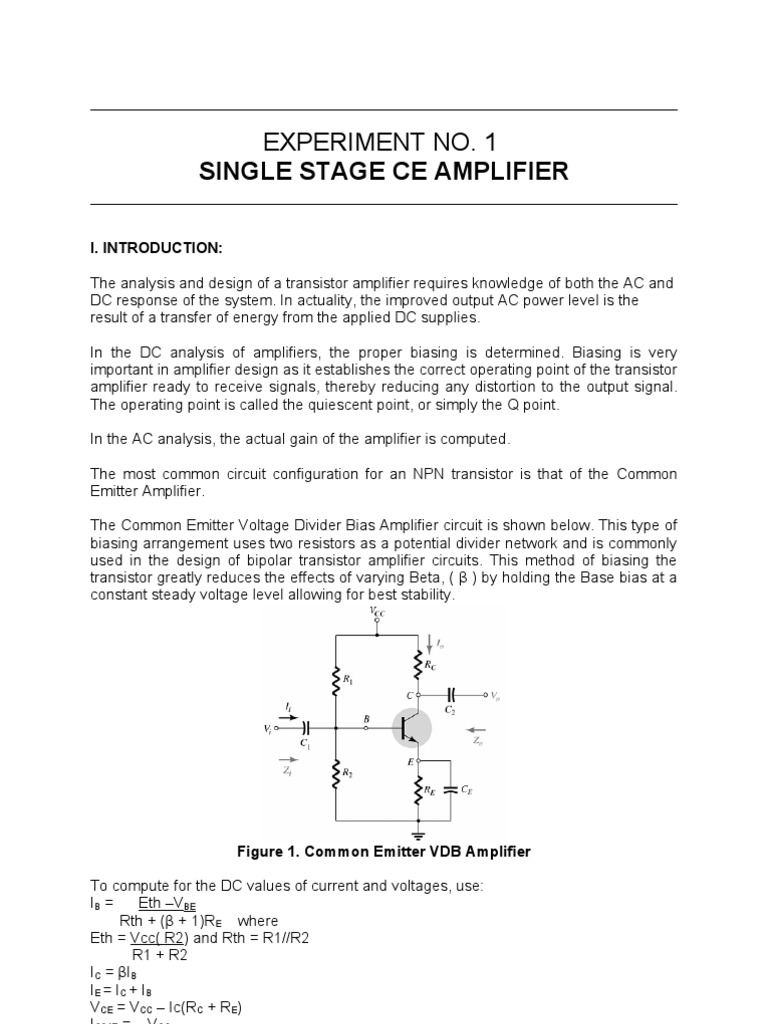 Single Stage CE Amplifier Experiment | PDF | Amplifier | Electronic ...