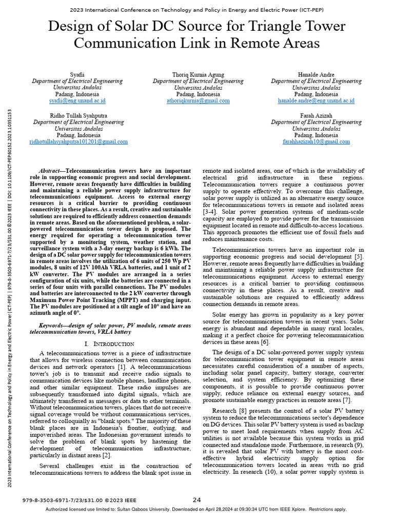 Design of Solar DC Source For Triangle Tower Communication Link in ...