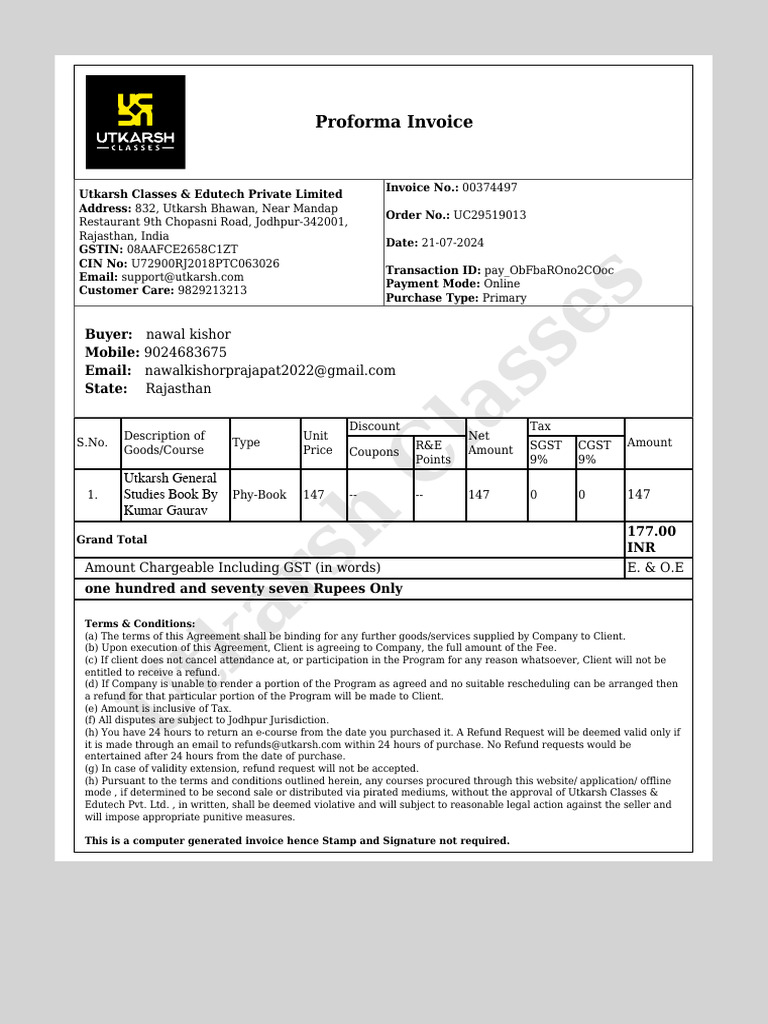 Utkarsh Classes: Proforma Invoice | PDF | Invoice | Payments