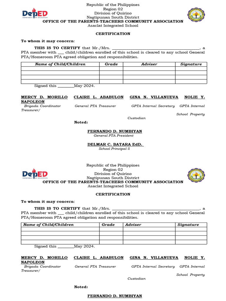 Pta Certification of Clearance | PDF