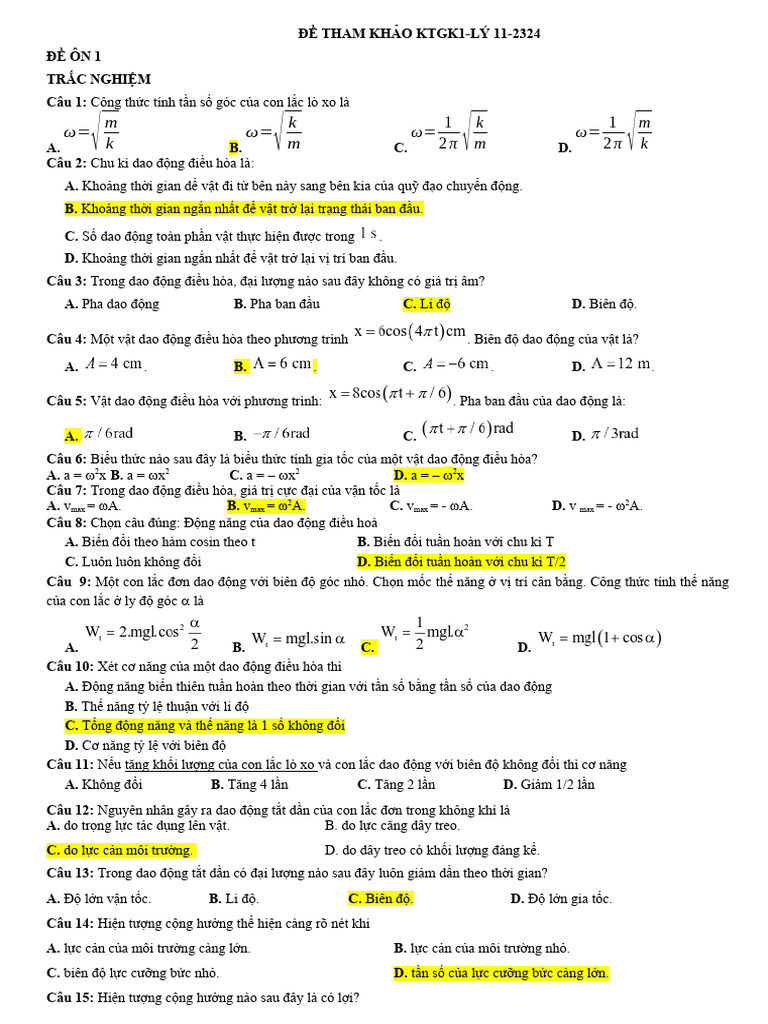 ĐỀ ÔN 11 GHK 1 (Lý 11) | PDF