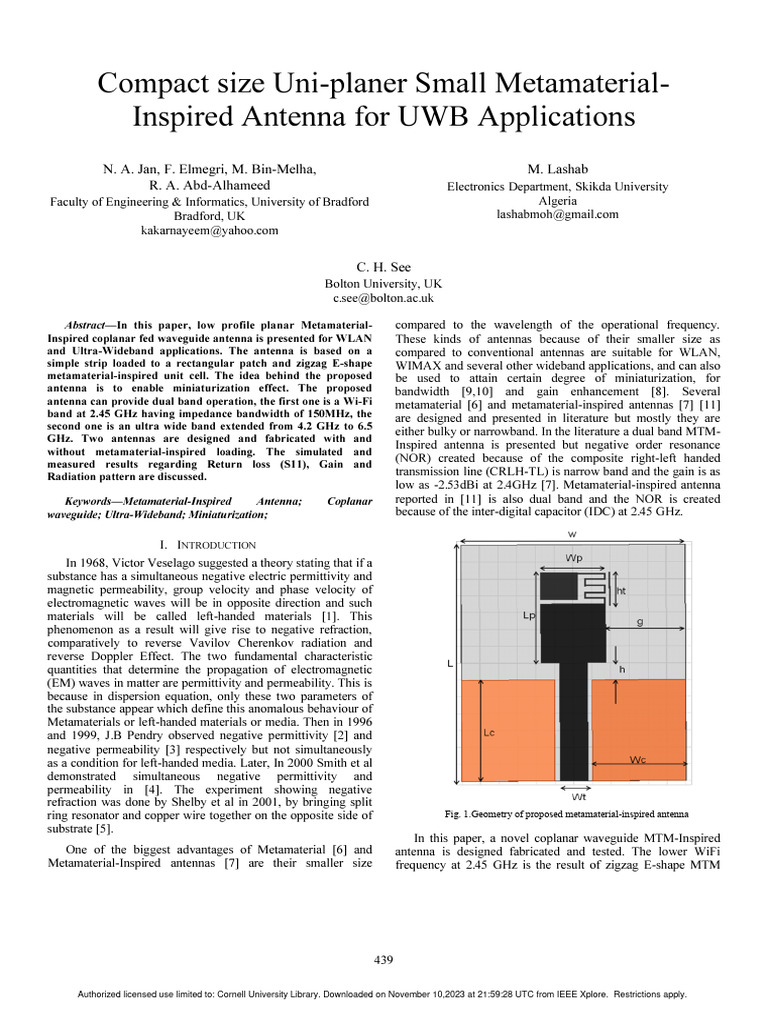 Compact Size Uni-Planer Small Metamaterial-Inspired Antenna For UWB ...