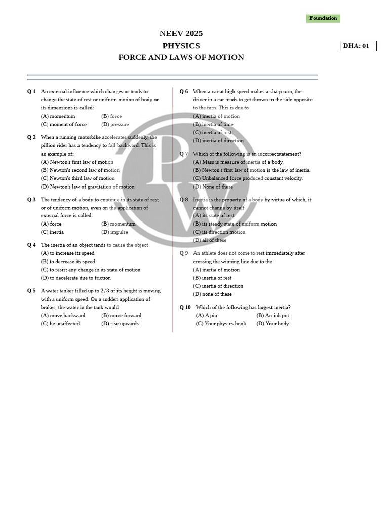 Physics: Force and Motion Quiz | PDF | Newton's Laws Of Motion | Force