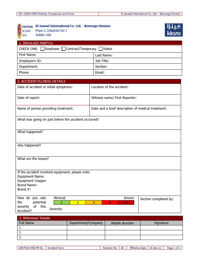 AJB-FS25-HSE-FR-01 - Accident Form | PDF