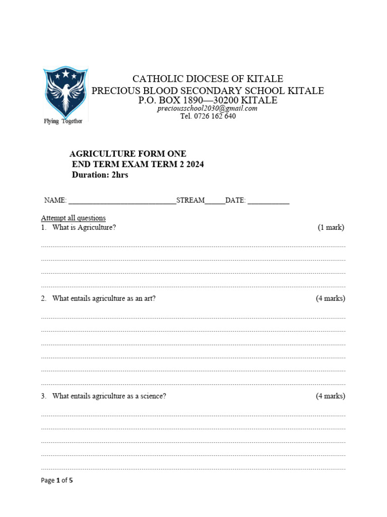 Form 1 Agriculture Exam | PDF | Agriculture | Economies