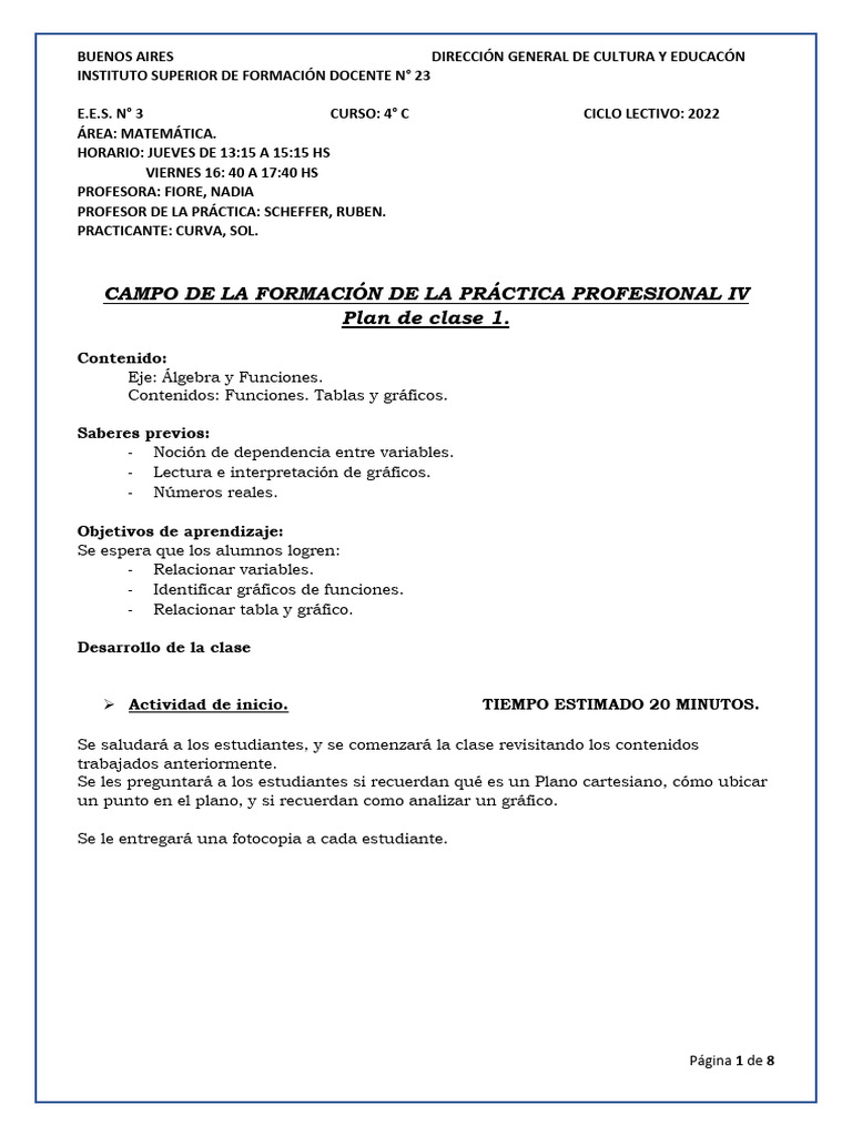 Plan de Clase 1. Curva Sol | PDF | Función (Matemáticas) | Variable ...