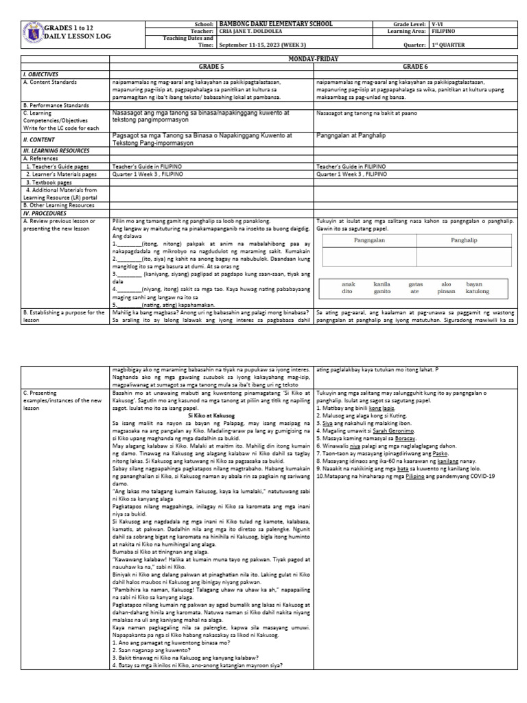 q1 Multi DLL Filipino Week 3 | PDF