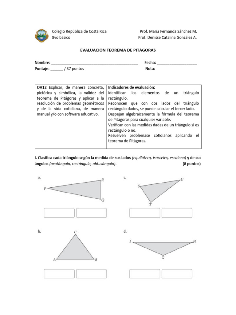 Evaluación Teorema de Pitágoras 8vo Básico | PDF | Triángulo | Matemáticas