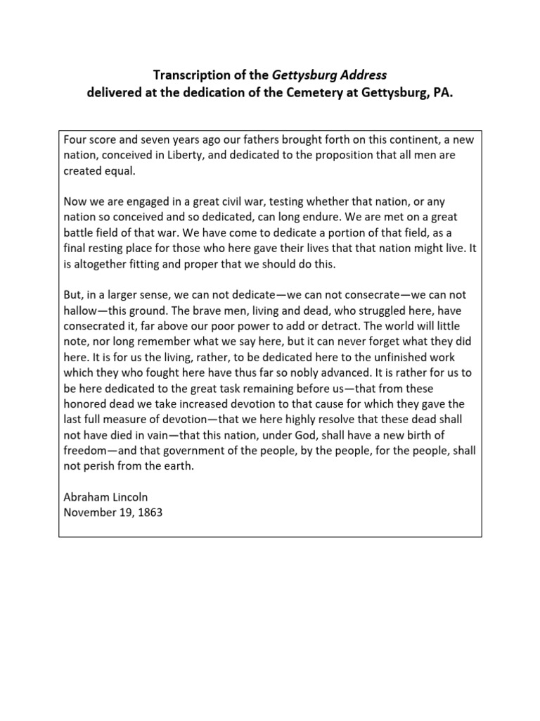 Transcription of The Gettysburg Address Delivered at The Dedication of ...