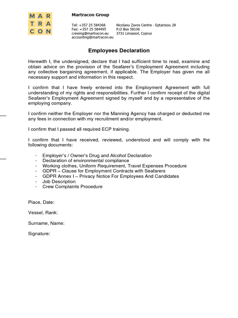 Martracon Group Employee Declaration HD | PDF | Employment | Privacy