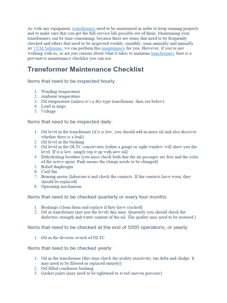 Transformer Check List-2024 | PDF | Transformer | Capacitor