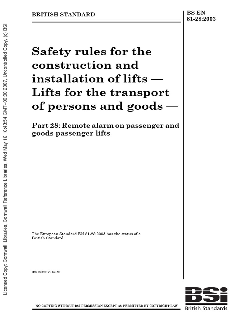 BS en 81-28 - 2003 Safety Rules - Lifts For Transport of Persons and Goods | PDF | Transport ...
