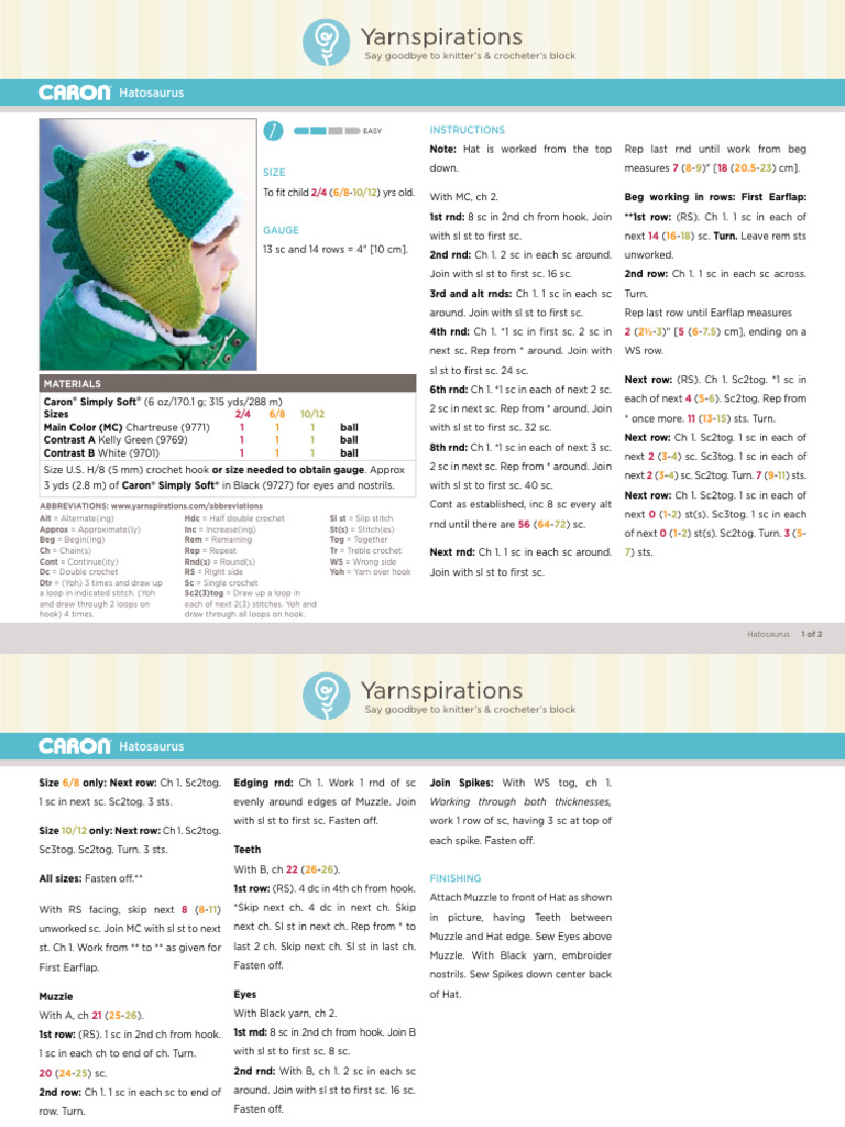 Hatosaurus in Caron Downloadable PDF - 2 | PDF | Crochet | Weaving