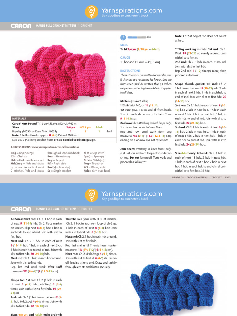 Hands Full Crochet Mittens in Caron Downloadable PDF - 2 | PDF ...