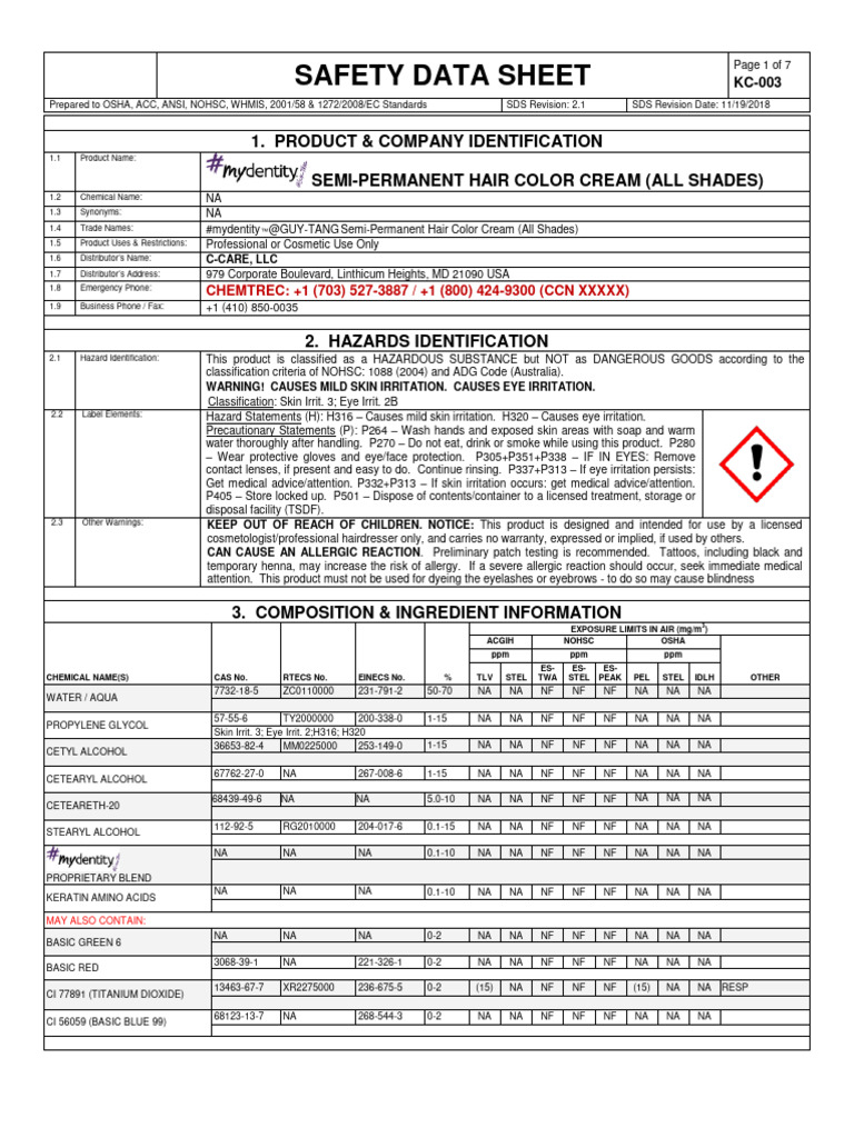 SDS for Semi-Permanent Hair Color | PDF | Dermatitis | Firefighting