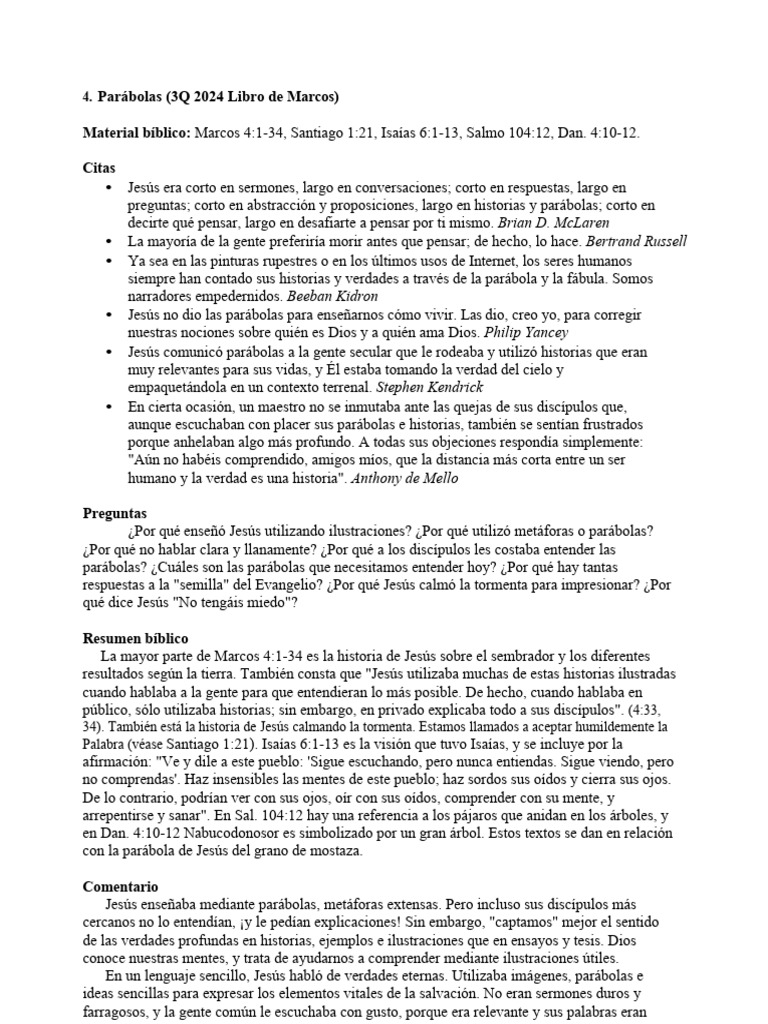4 - Parábolas (3Q 2024 Libro de Marcos) | PDF | Jesús | Parábolas de Jesús