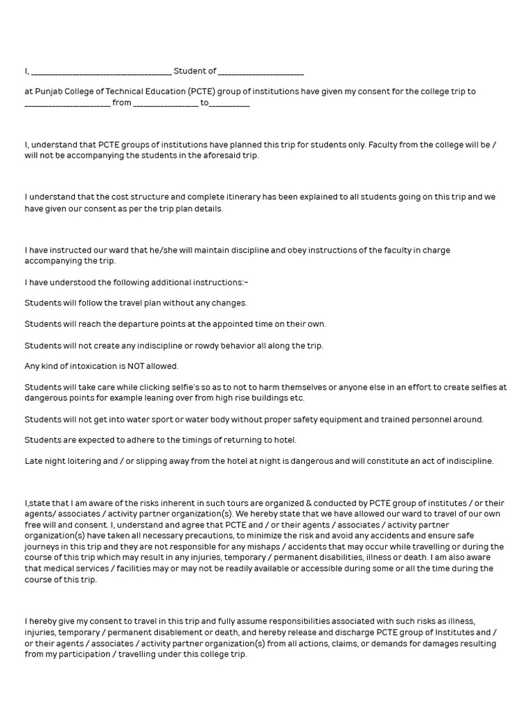 PCTE College Trip Consent Form | PDF | Wellness | Science & Mathematics