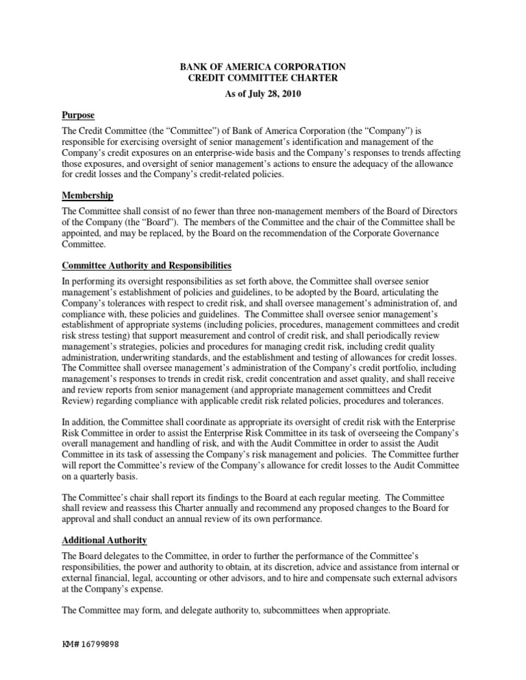 Bank of America Credit Committee Charter | Audit Committee | Board Of ...