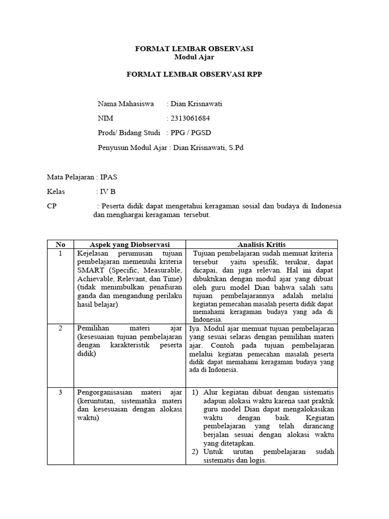 Lembar Observasi RPP Siklus 4 | PDF | Karier & Perkembangan
