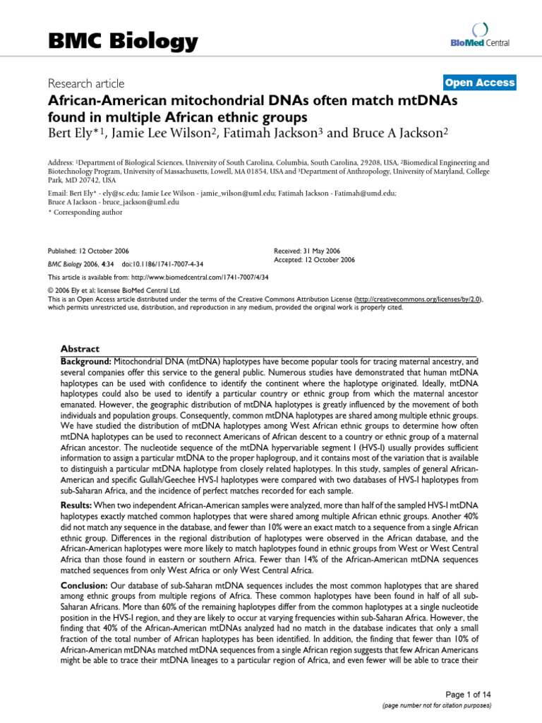 African-American mtDNA Ancestry Study | PDF | Mitochondrial Dna | Haplotype