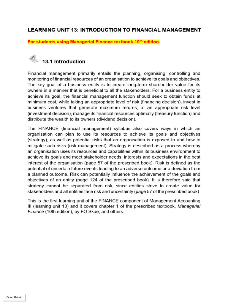 Learning Unit 13 Introduction To Financial Management (10th Edition) | PDF | Risk | Private Sector