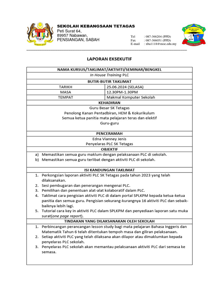 Laporan Eksekutif in House Training SK Tetagas 2024 | PDF