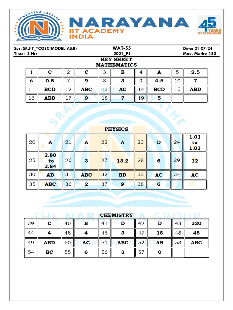 21-07-24 - SR - Iit - Star Co-Sc (Model-A) - Jee Adv - 2021 (P-I) - Wat-55 - Key & Sol | PDF ...