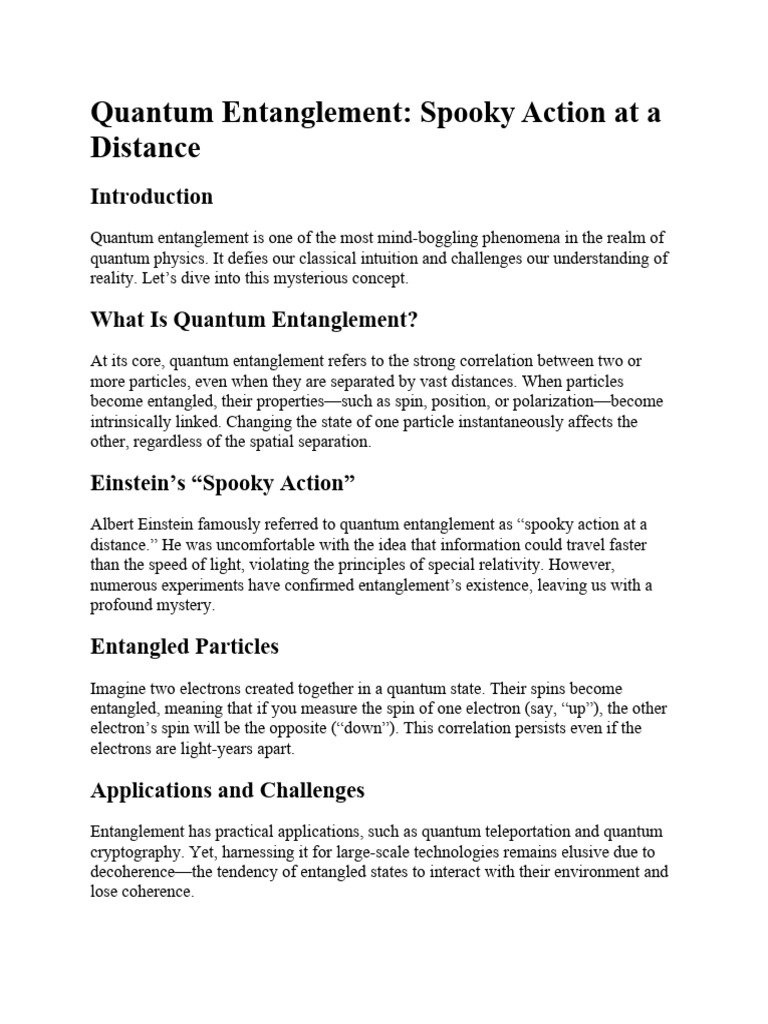 Quantum Entanglement Spooky Action At A Distance PDF