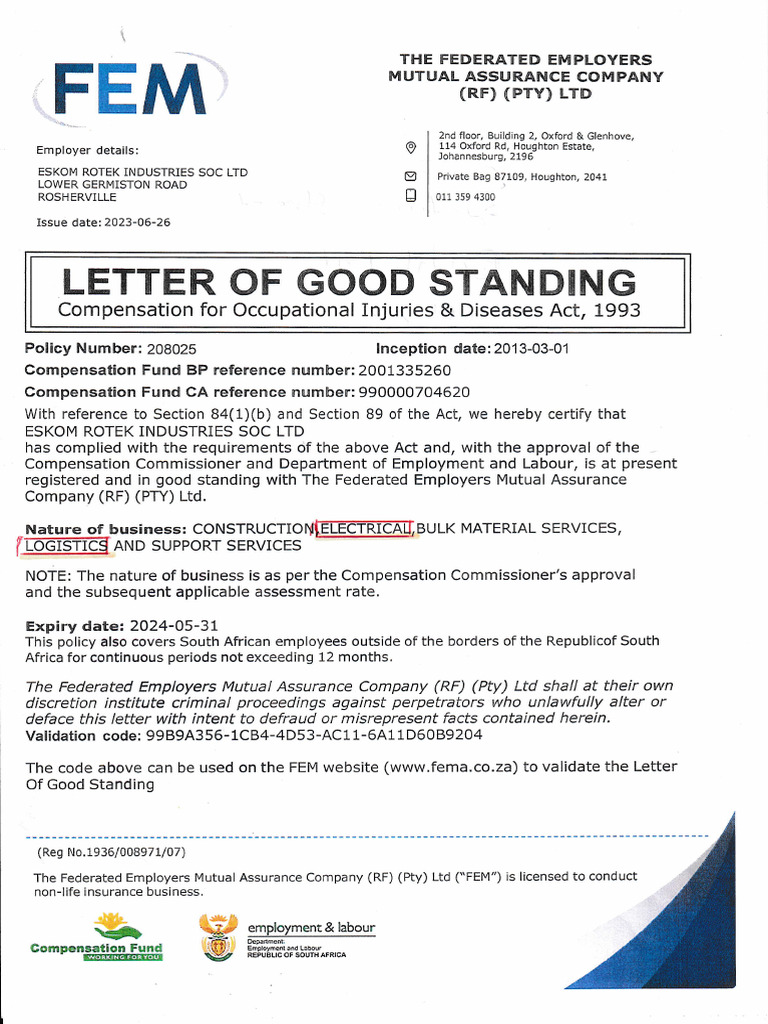 Eskom Rotek Industries Good Standing Certificate | PDF | Justice ...