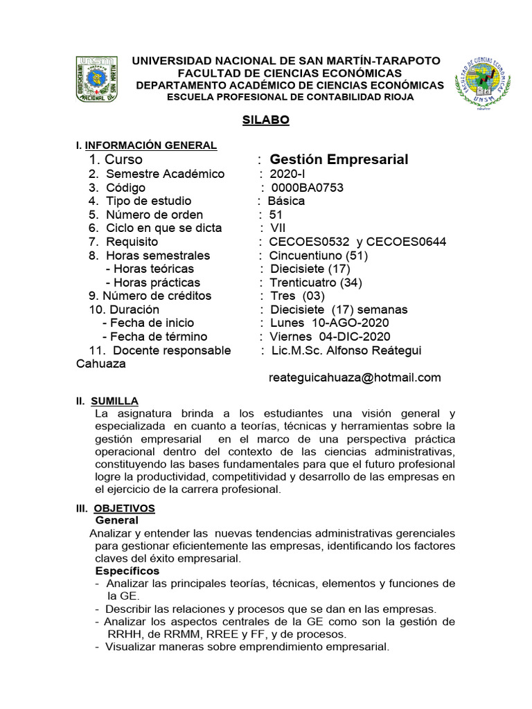 Silabo Gestion Emp. | PDF | Business | Evaluación