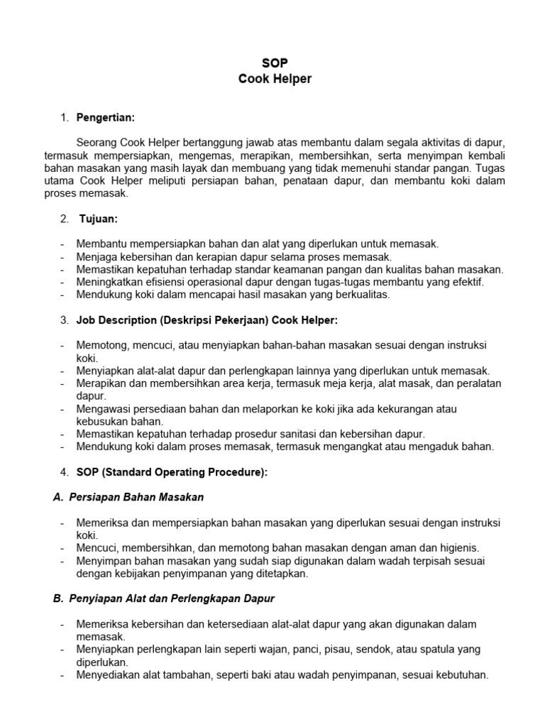 SOP Dapur: Cook Helper dan Koki | PDF | Memasak, Makanan, & Anggur ...