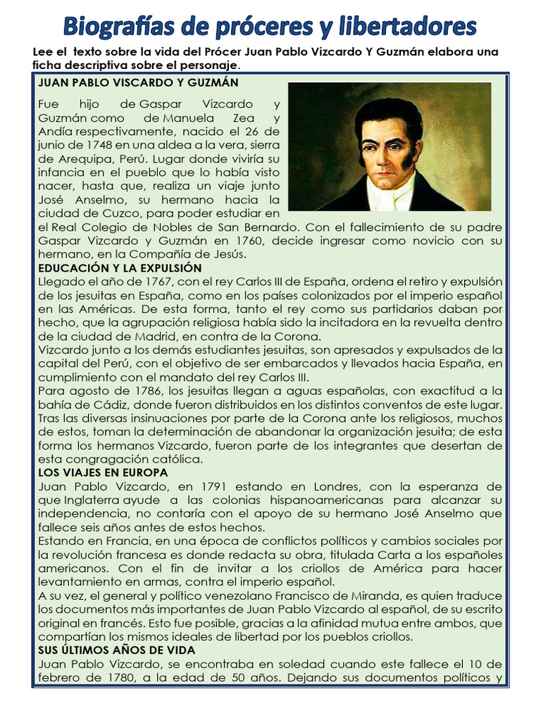 FICHA COM BIOGRAFIAS DE PROCERES Y LIBERTADORES | PDF